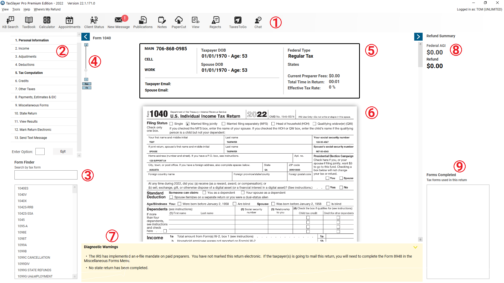 Desktop: Diseño y navegación del menú principal del 1040 – TaxSlayer Pro Soporte